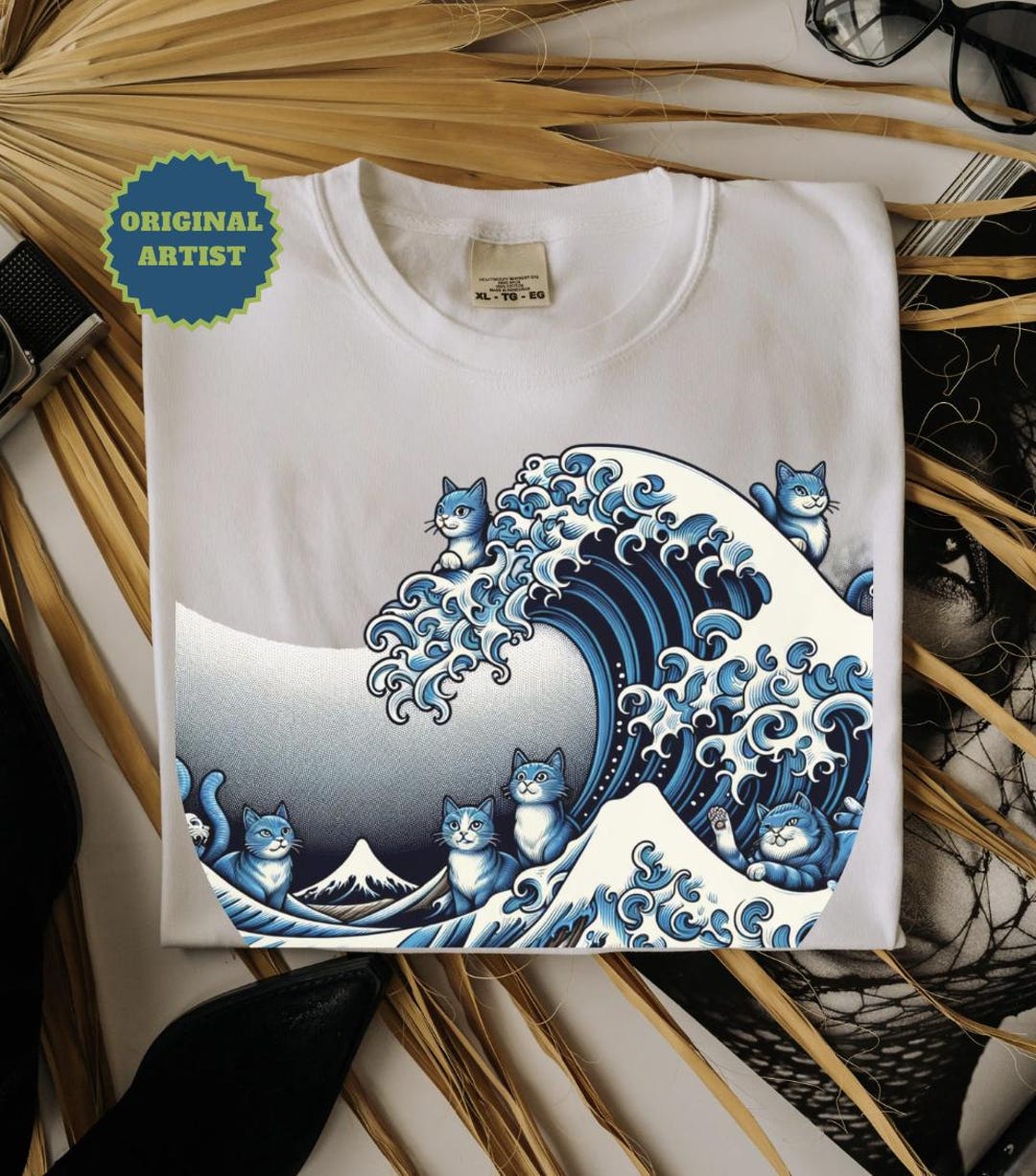 Blue Wave Cat Shirt, Political Cat Art Tee, Japanese Wave Cats for ...