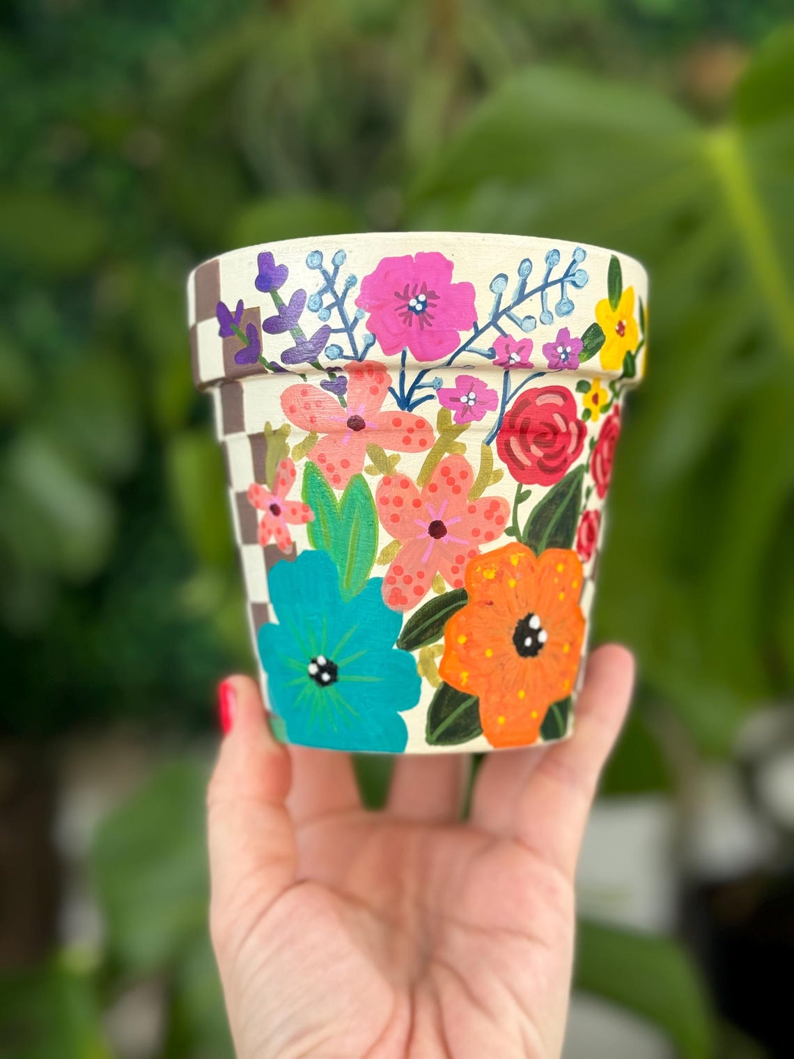 Vibrant Checkered Planter Pot With Floral Accents - Etsy