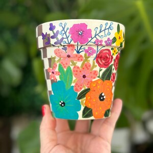 Vibrant Checkered Planter Pot With Floral Accents - Etsy