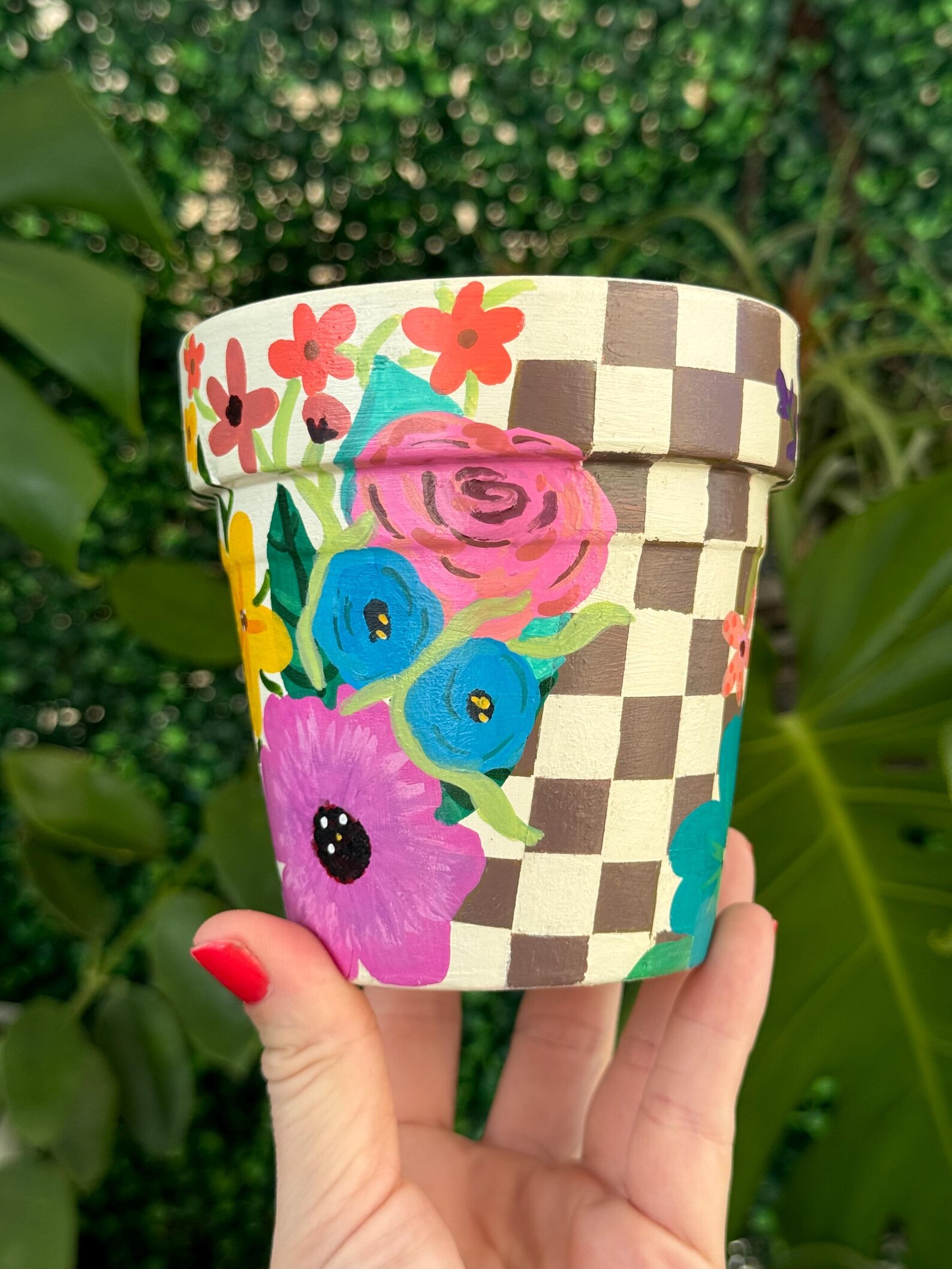 Vibrant Checkered Planter Pot With Floral Accents - Etsy