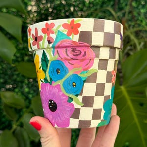 Vibrant Checkered Planter Pot With Floral Accents - Etsy