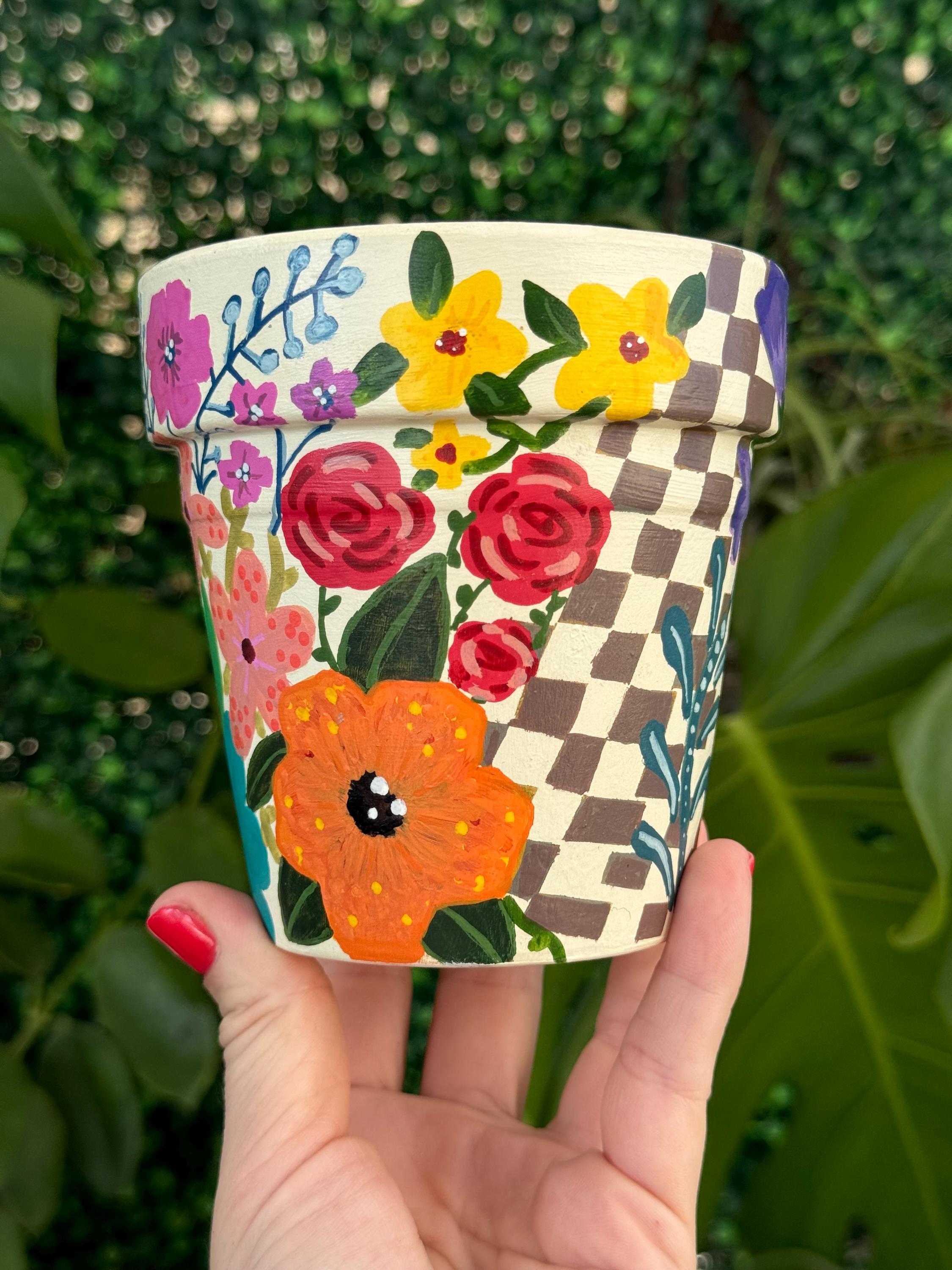 Vibrant Checkered Planter Pot With Floral Accents - Etsy