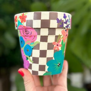 Vibrant Checkered Planter Pot With Floral Accents - Etsy