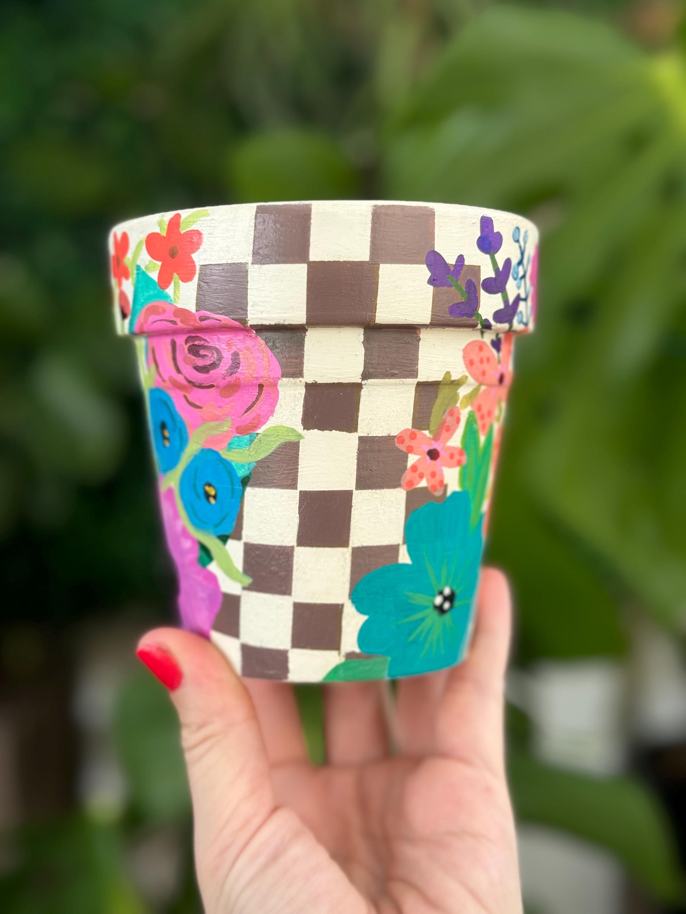 Vibrant Checkered Planter Pot With Floral Accents - Etsy