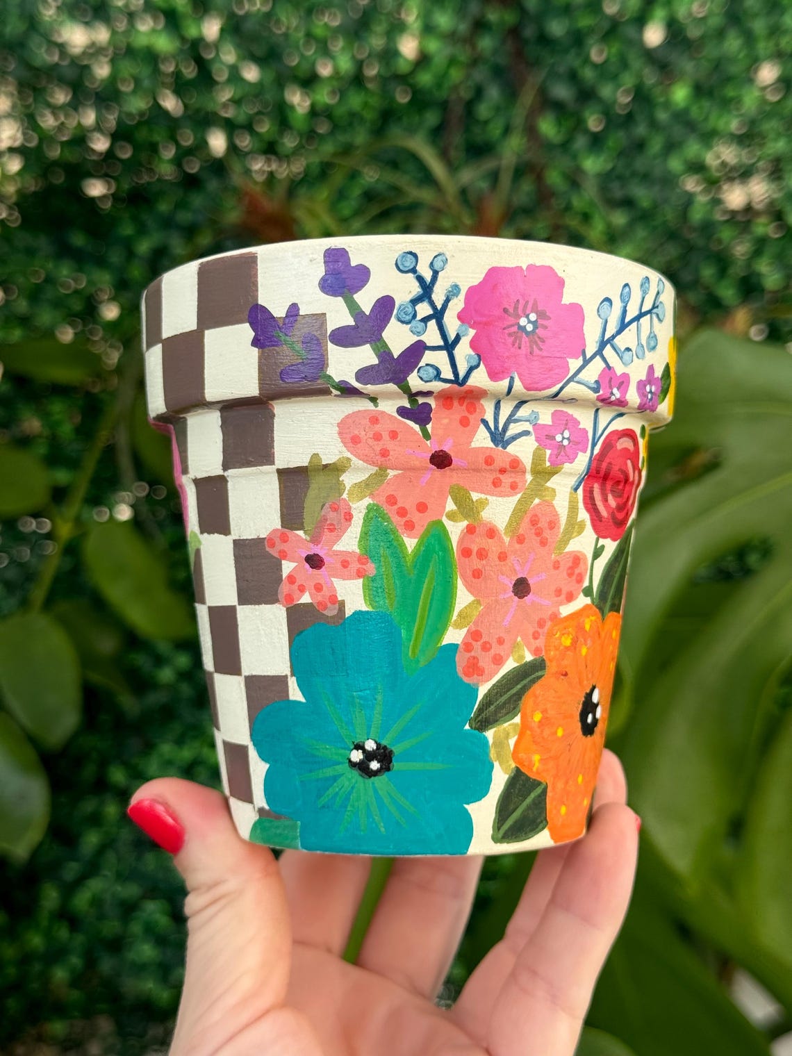 Vibrant Checkered Planter Pot With Floral Accents - Etsy