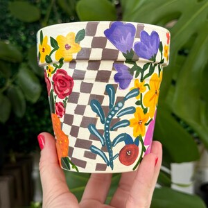 Vibrant Checkered Planter Pot With Floral Accents - Etsy
