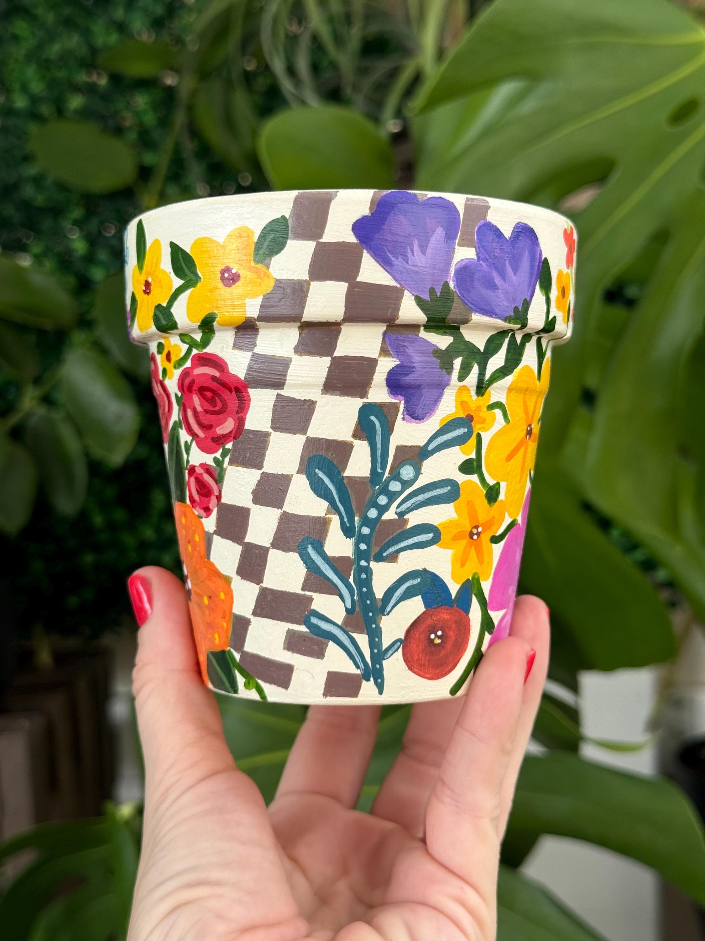 Vibrant Checkered Planter Pot With Floral Accents - Etsy