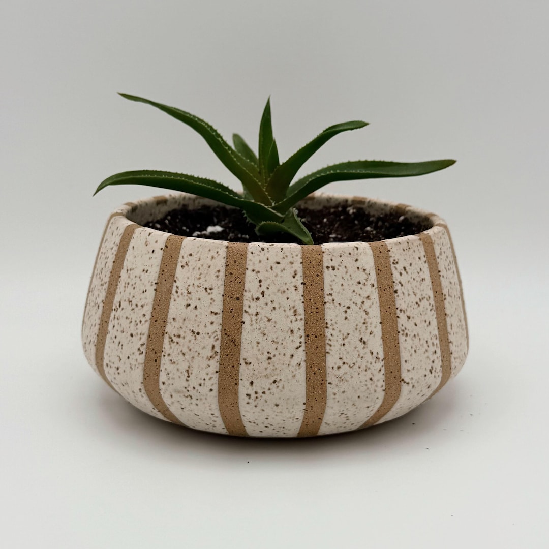 5" Striped Speckled Ceramic Planter With Drainage| Brown & White ...