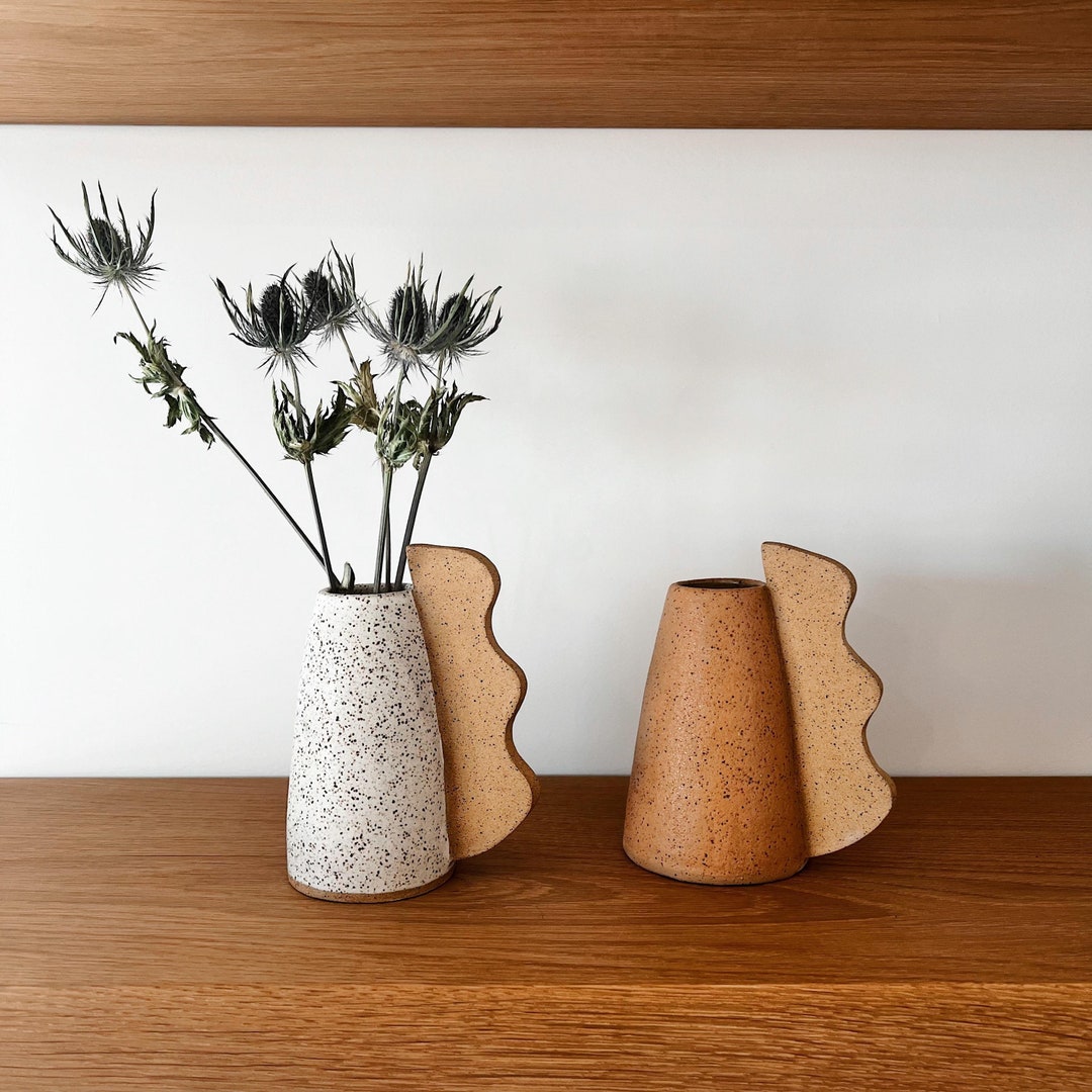 Ceramic Wavy Vase Speckled Modern Handmade Home Decor White Brown Peach ...
