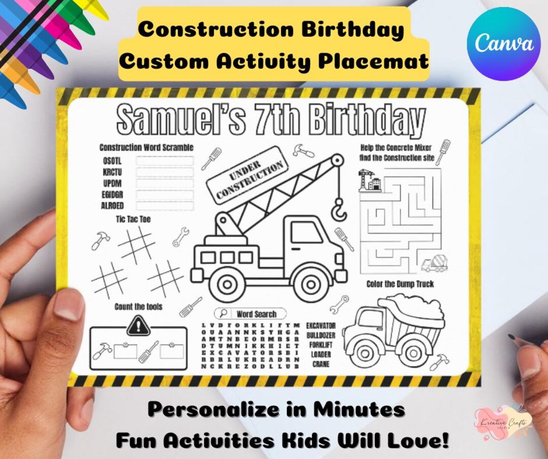Construction Birthday Activity Placemat | Printable Truck Party Game ...