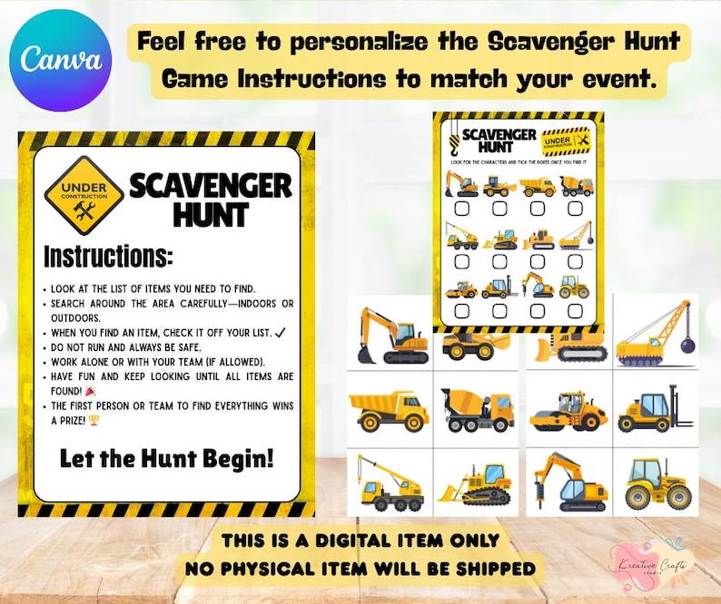Construction Scavenger Hunt Printable | Truck Birthday Party Game ...