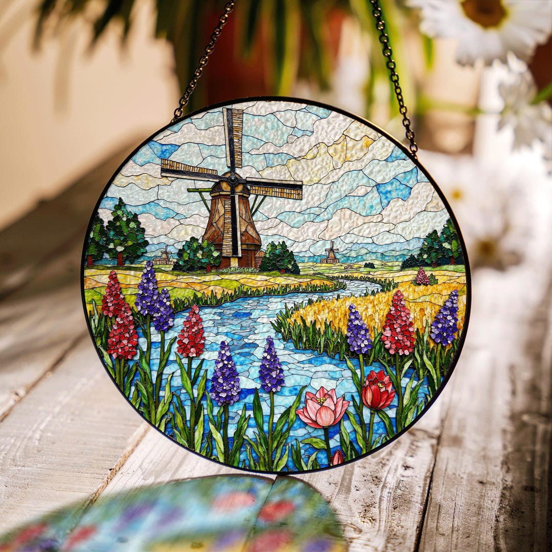 Windmill Field Landscape Stained Glass Suncatcher Handmade Window Decor ...