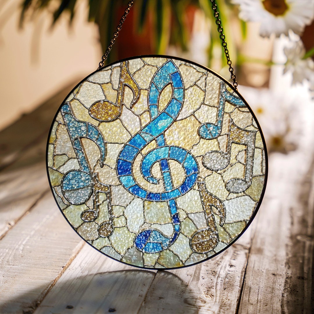 Musical Notes Stained Glass Suncatcher Blue Treble Clef Window ...