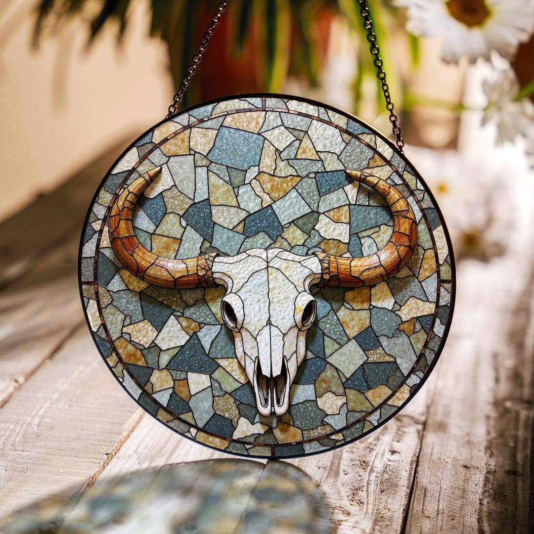 Buffalo Skull Stained Glass Suncatcher Western Decor Window Hanging ...