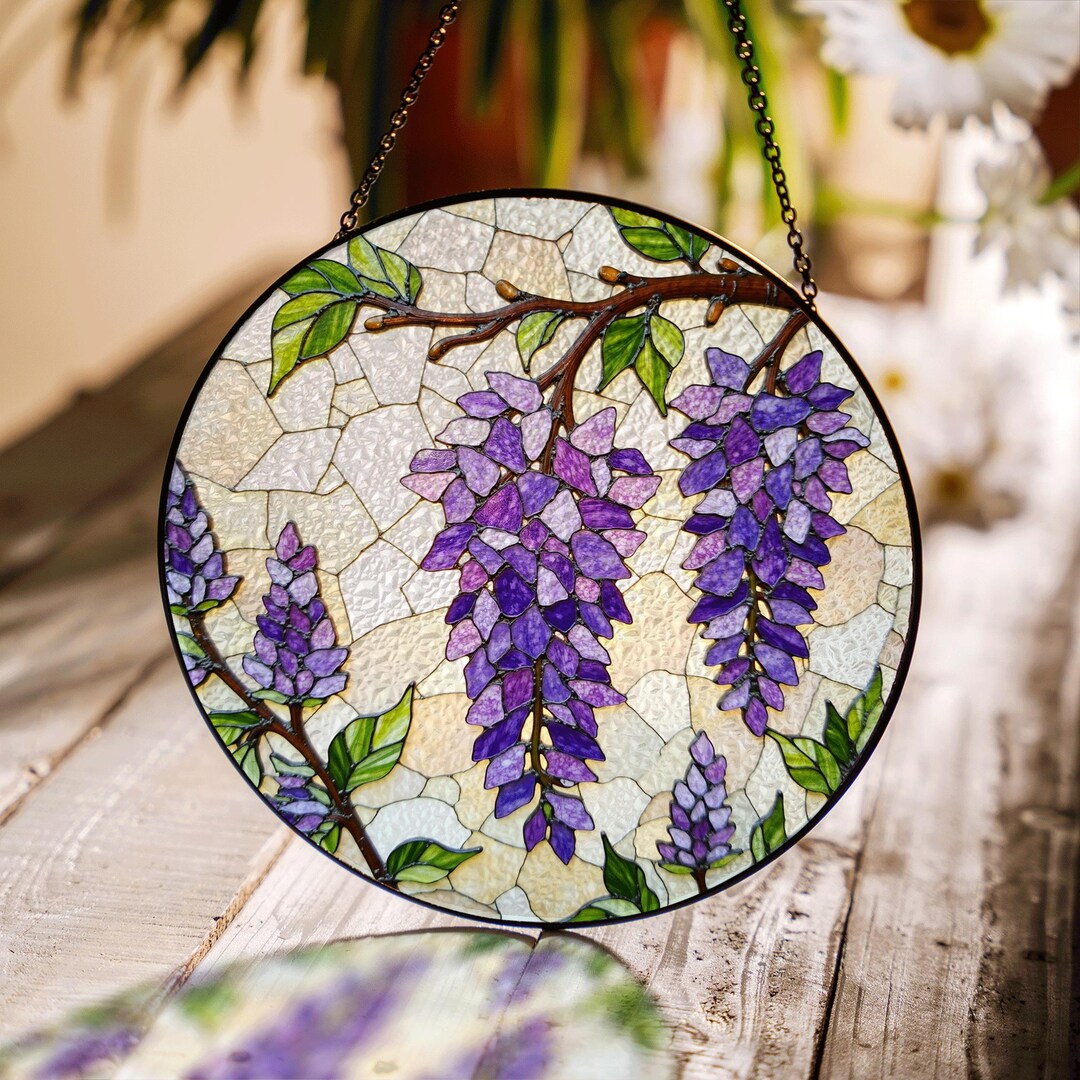 Purple Wisteria Stained Glass Window Hanging Floral Suncatcher Gift for ...