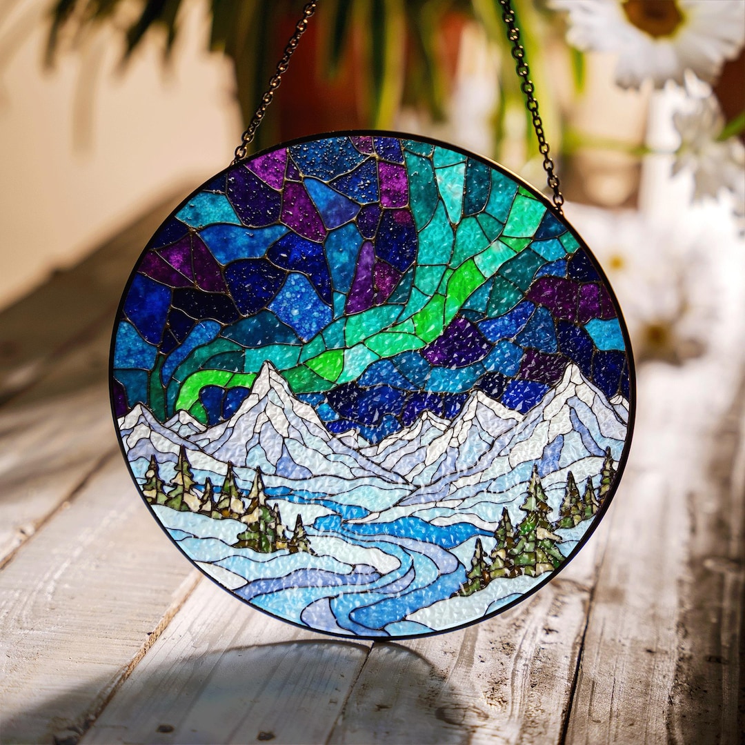 Northern Lights Stained Glass Mountain Suncatcher Art Gift for Nature ...