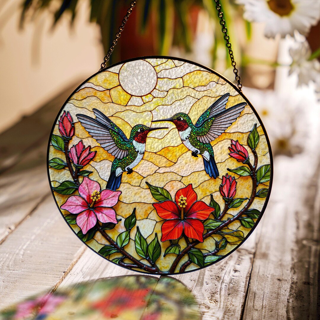 Hummingbirds and Hibiscus Floral Round Stained Glass Suncatcher Gift ...