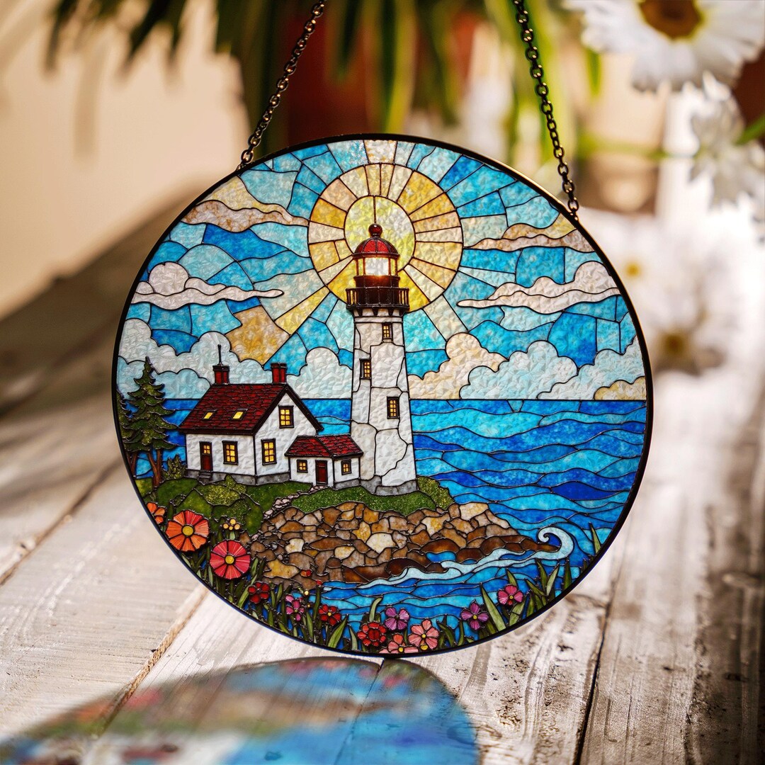 Lighthouse Stained Glass Suncatcher With Vibrant Colors, Coastal Beach ...