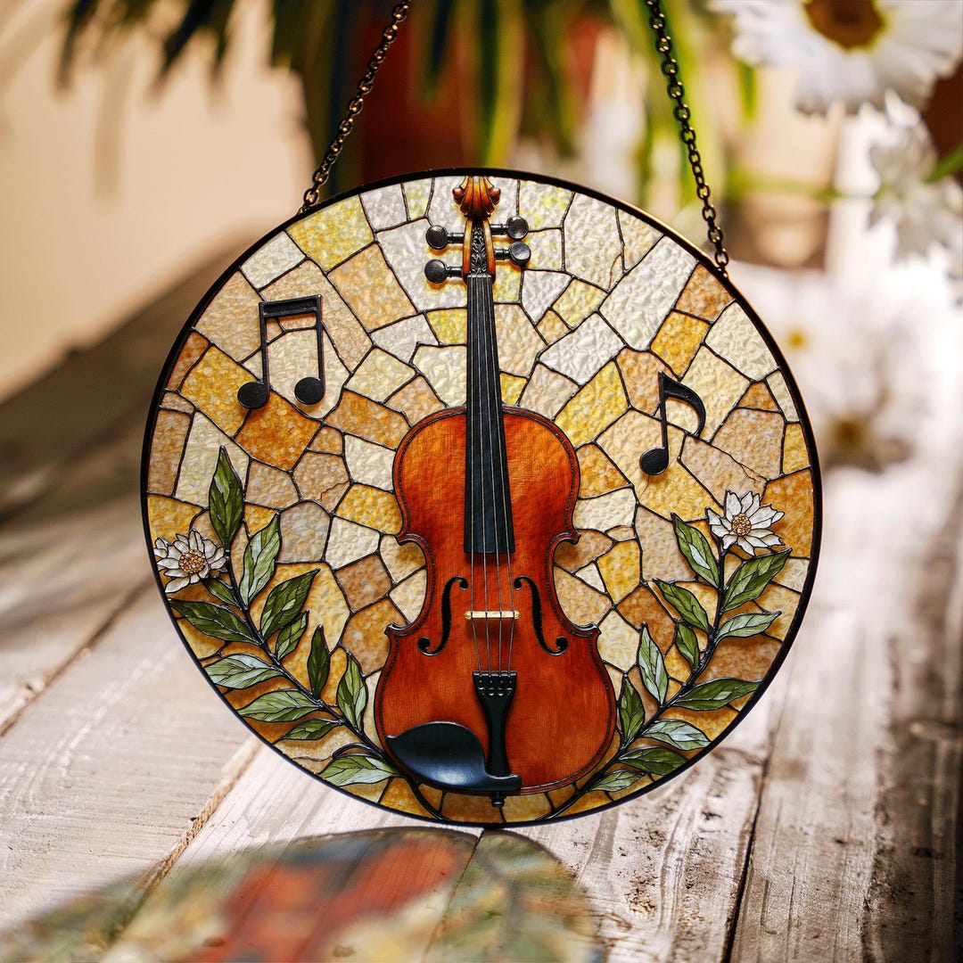 Violin and Notes Stained Glass Suncatcher Handmade Window Decor Gift ...