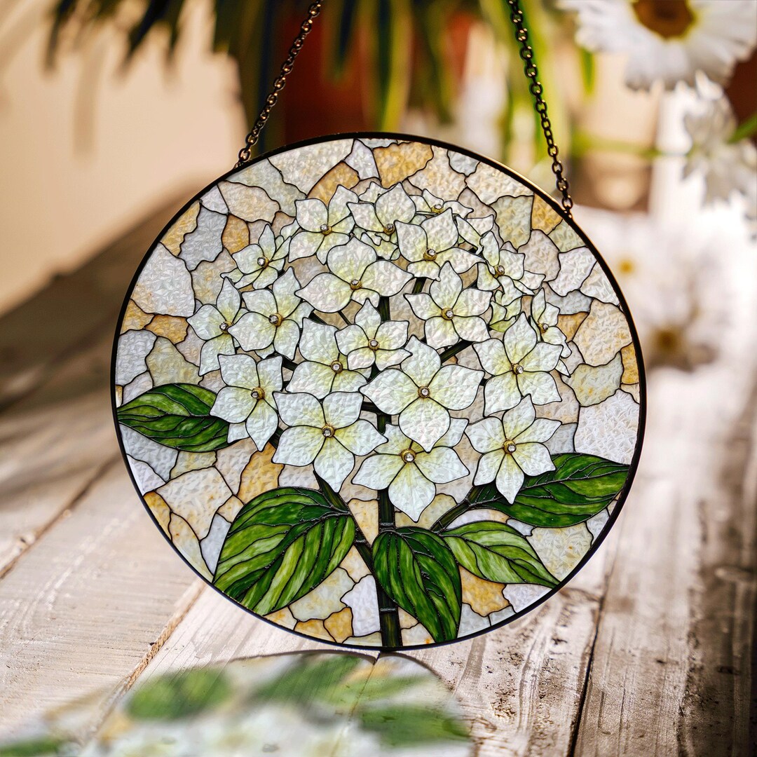 White Hydrangea Floral Art Stained Glass Suncatcher Handmade Window ...