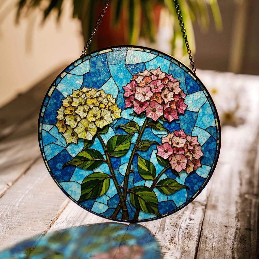 Hydrangea Stained Glass Suncatcher Window Hanging Gift for Mom Birthday ...