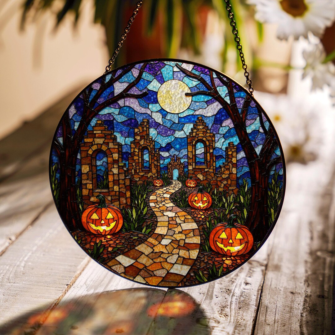 Suncatcher Stained Glass Haunted Ruins With Pumpkins Halloween Gift - Etsy