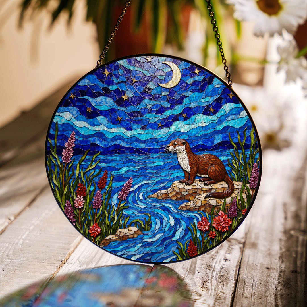 River Otter Under Moonlight Nature Suncatcher Stained Glass Art Gift ...