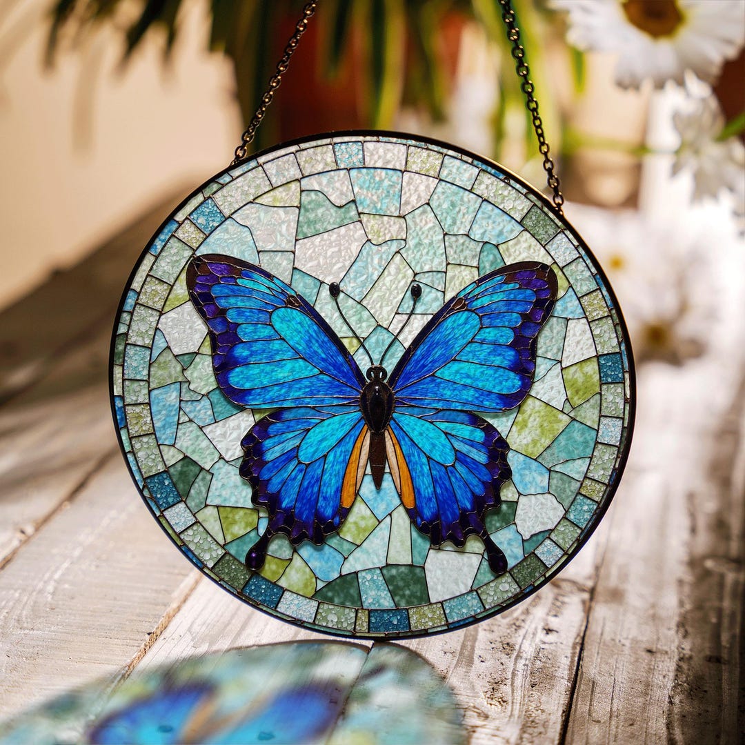 Blue Butterfly Stained Glass Suncatcher for Window Brightens Your Home ...