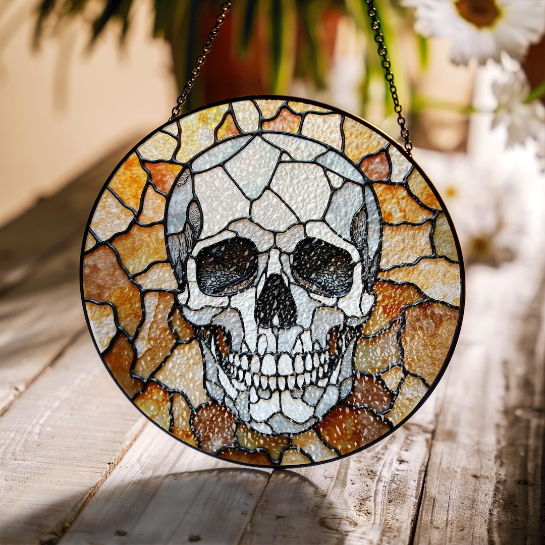 Skull Stained Glass Suncatcher Sun Catcher Gift for Halloween Decor ...