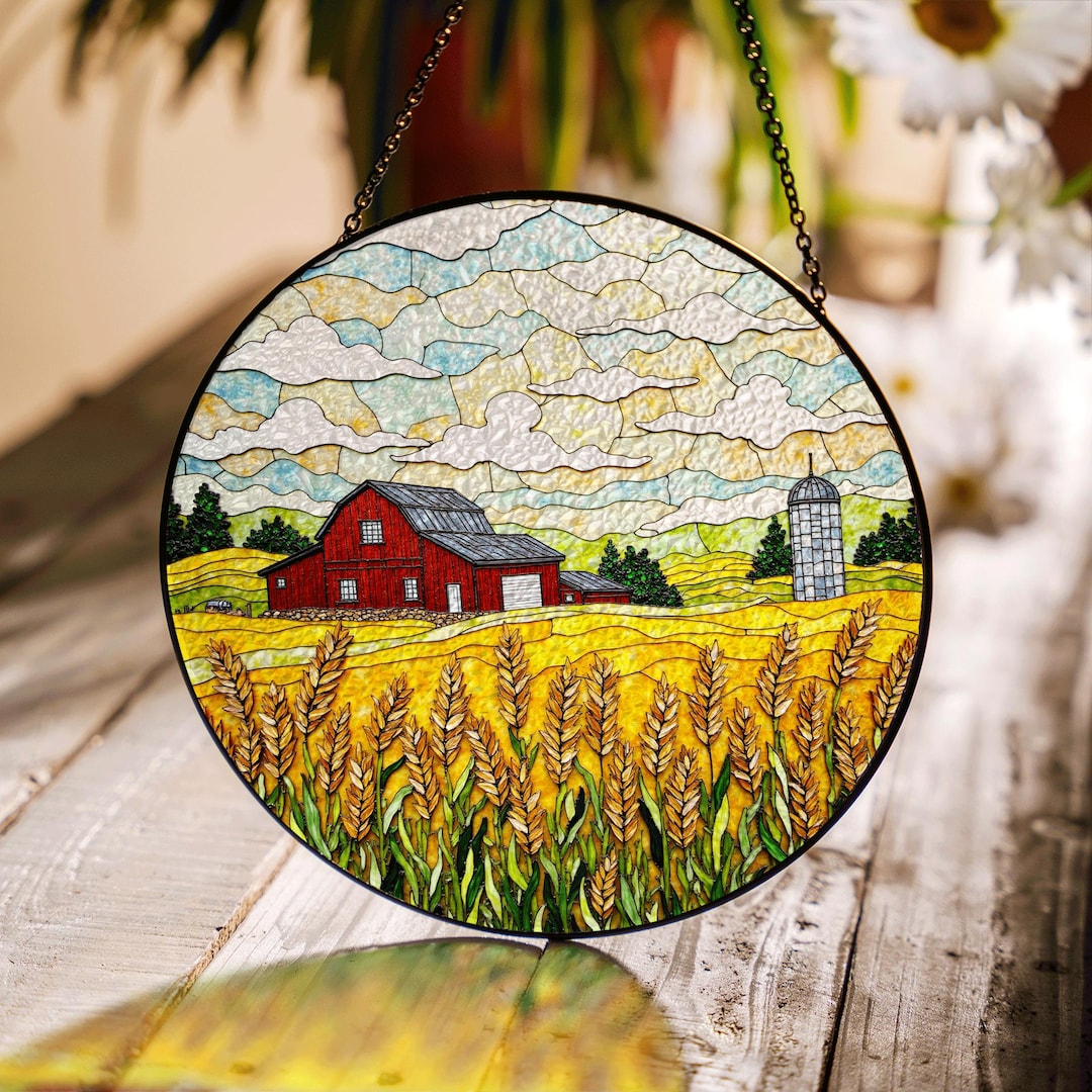 Red Barn Wheat Field Glass Art Farmhouse Suncatcher Gift for Country ...