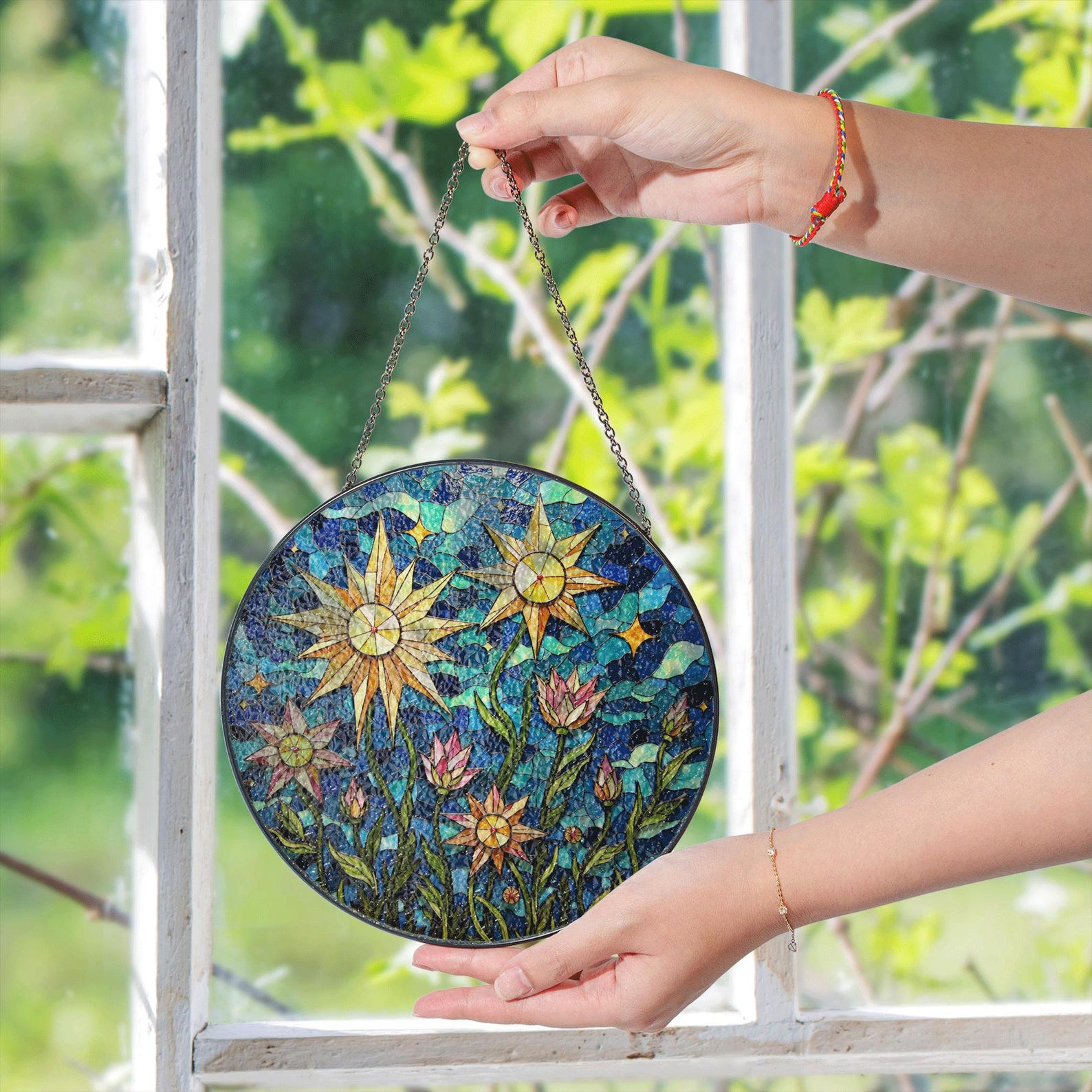 Sun and Star Floral Stained Glass Suncatcher Window Hanging Gift for ...
