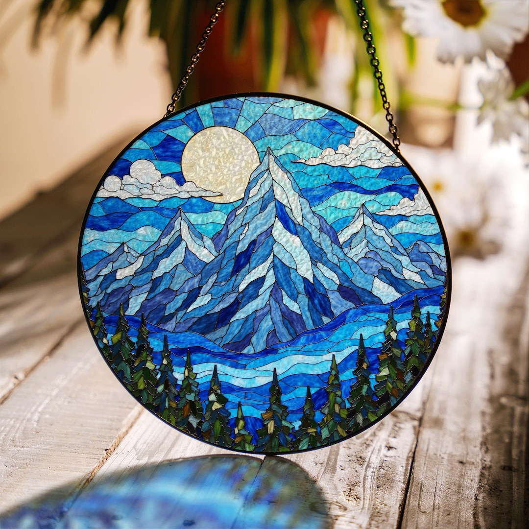Moonlit Mountain Stained Glass Suncatcher Blue Alpine Landscape Window ...