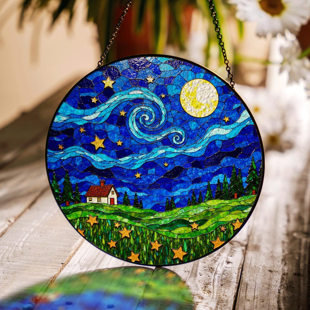 Starry Night Inspired Suncatcher With Moon and Stars for Home Decor ...