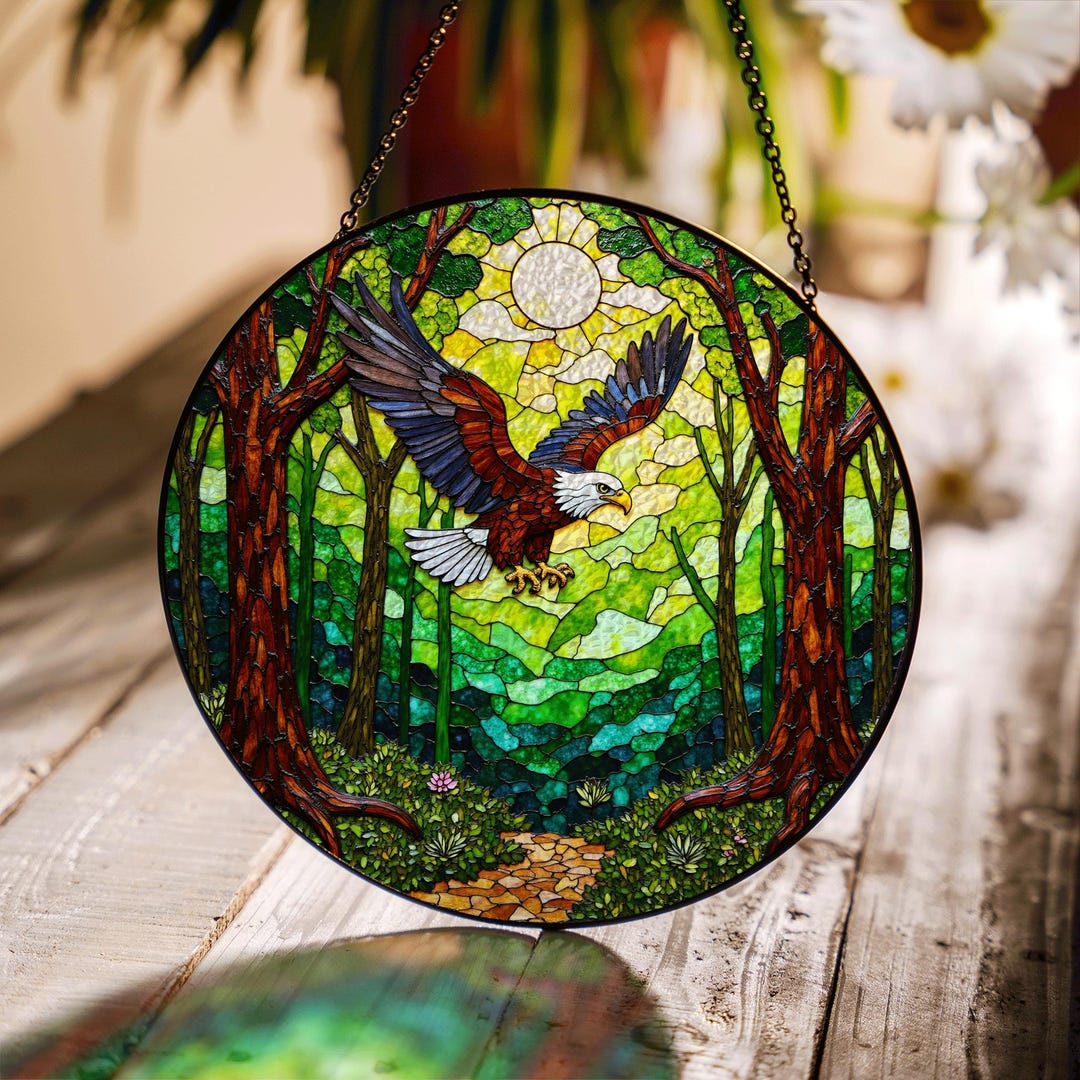 Soaring Eagle Forest View Stained Glass Suncatcher Window Hanging Gift for Father or Nature ...
