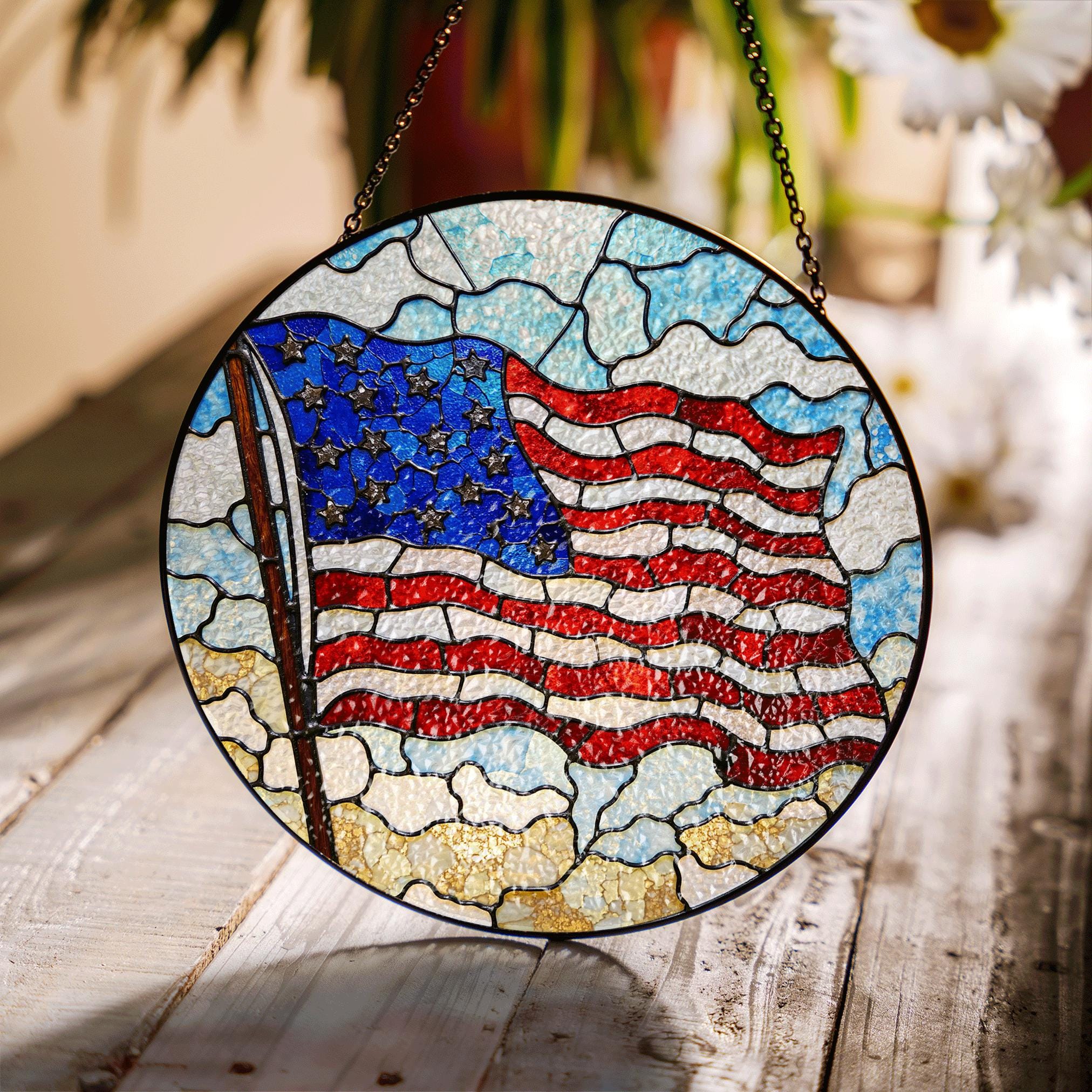 American Flag Stained Glass Suncatcher Patriotic Gift Window Decor for ...