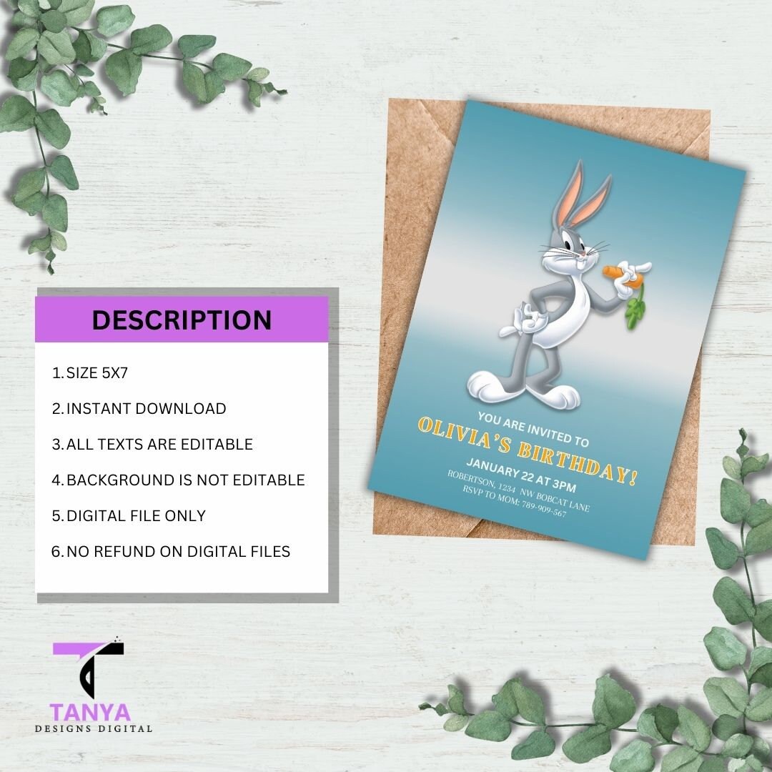 Bugs Bunny Birthday Party Invitation Editable Birthday - Etsy