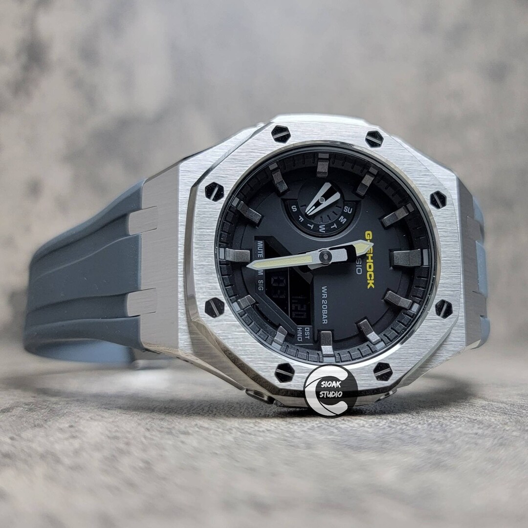 Casioak Mod Silver Case Gray Strap Black Gray Time Mark Black - Etsy