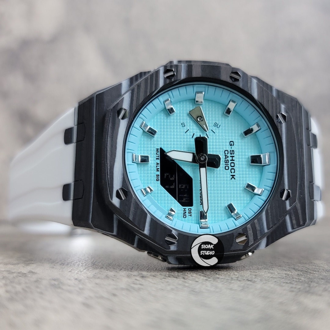 Casioak Mod Carbon Fiber Black Case White Strap Tiffany Silver - Etsy