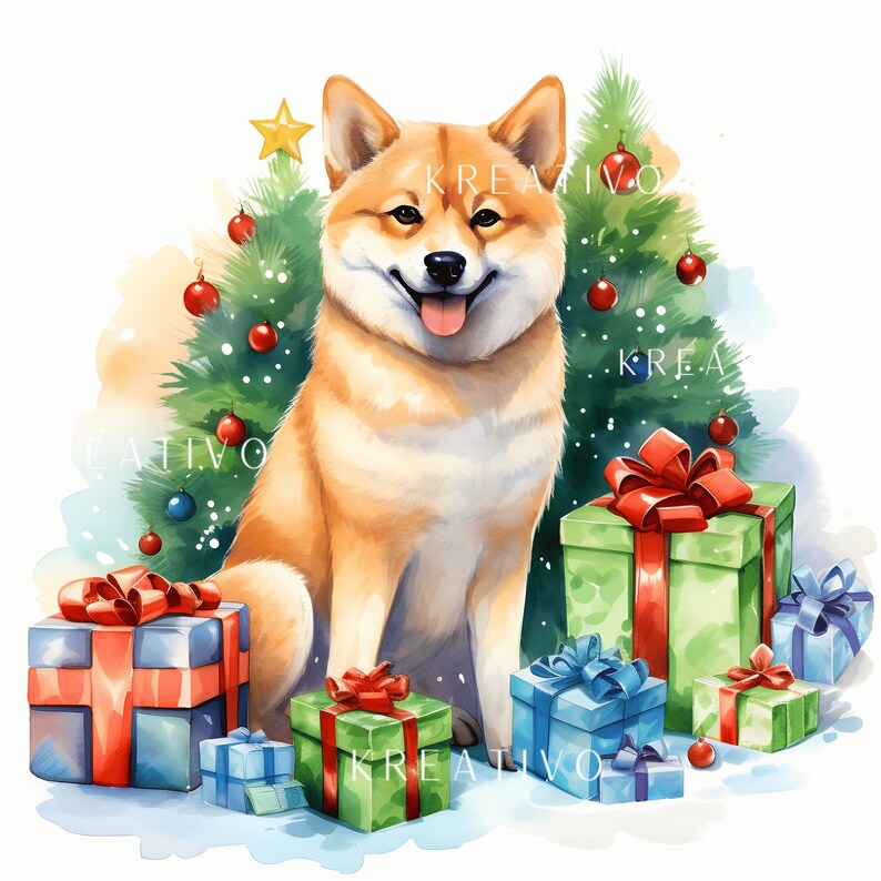 Shiba Inu Christmas Cute Png, Shiba Presents Watercolor Png, Christmas ...