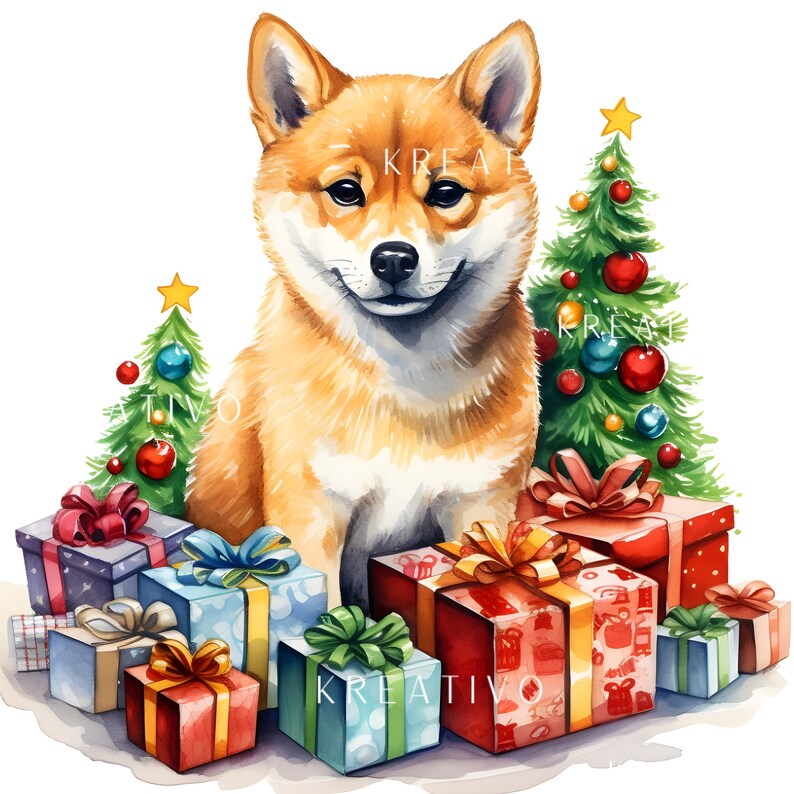 Shiba Inu Christmas Cute Png, Shiba Presents Watercolor Png, Christmas ...