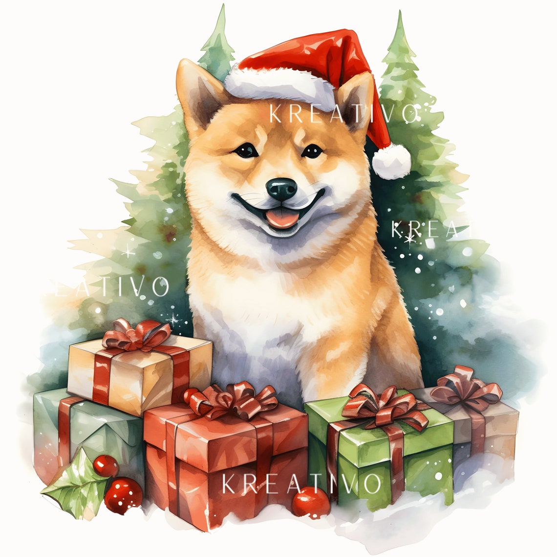 Shiba Inu Christmas Cute Png, Shiba Presents Watercolor Png, Christmas ...