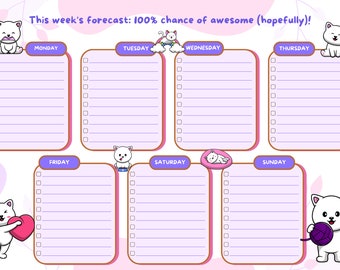 Printable Cute Cat Weekly Planner, Cute Cat Week Planner, Cute Cat ...