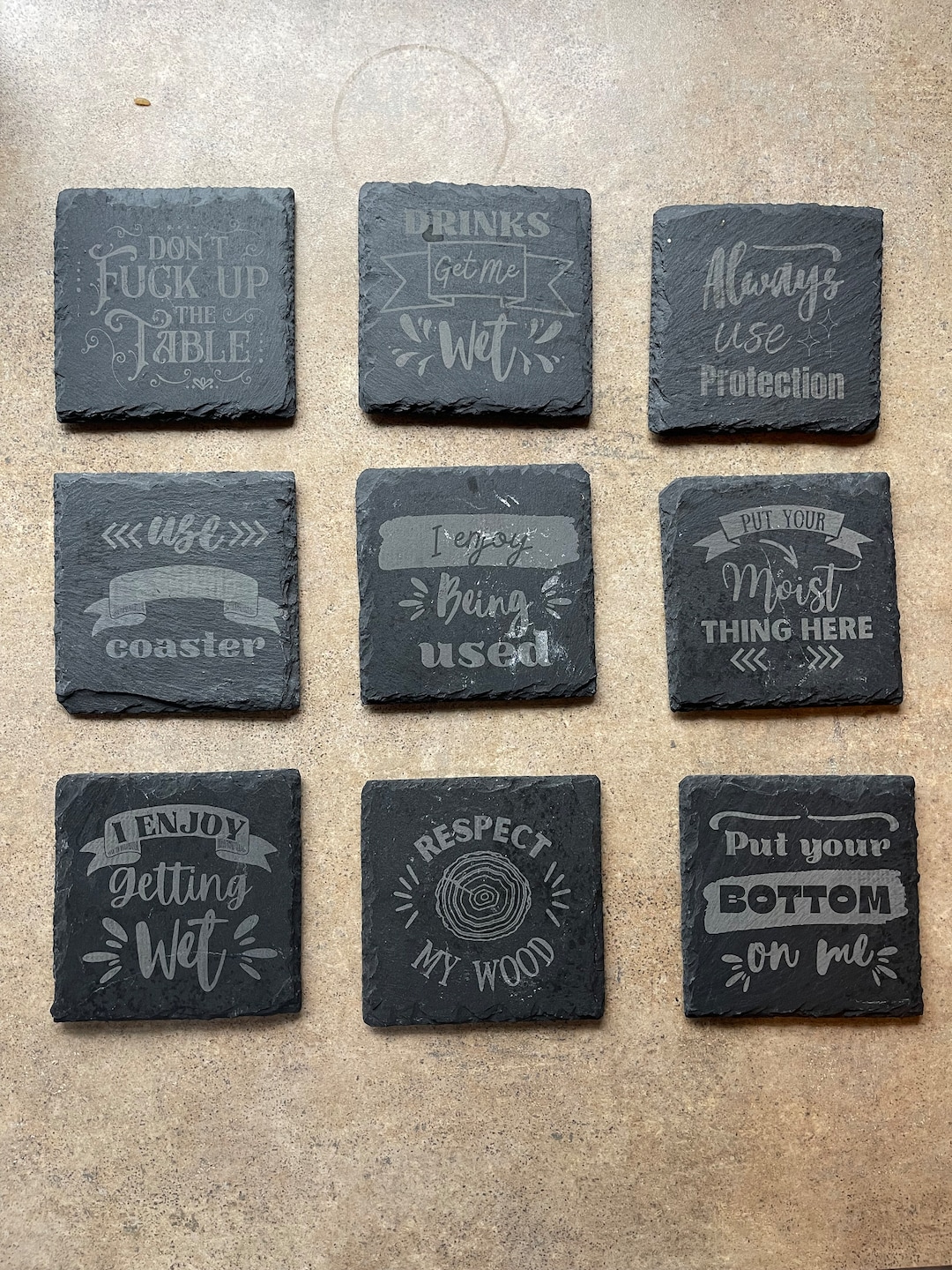 Set of 6 Black Slate Coasters With Pads 4x4 Inches - Etsy