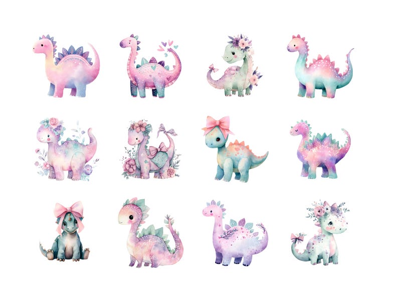 Girly Dinosaur Clipart, Cute Watercolor Dinos, Digital Download PNG ...