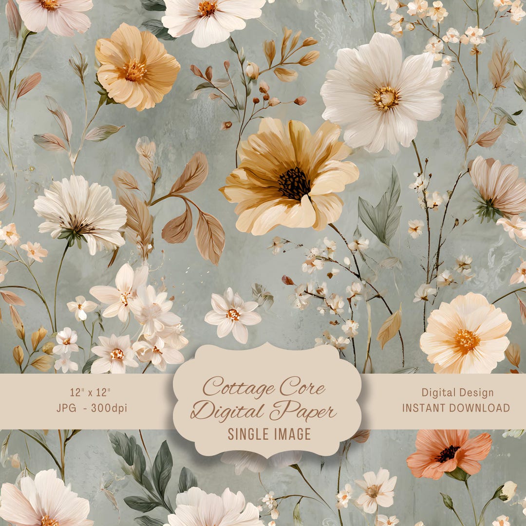 Cottagecore Digital Paper, Seamless Floral Botanical Background, Junk ...