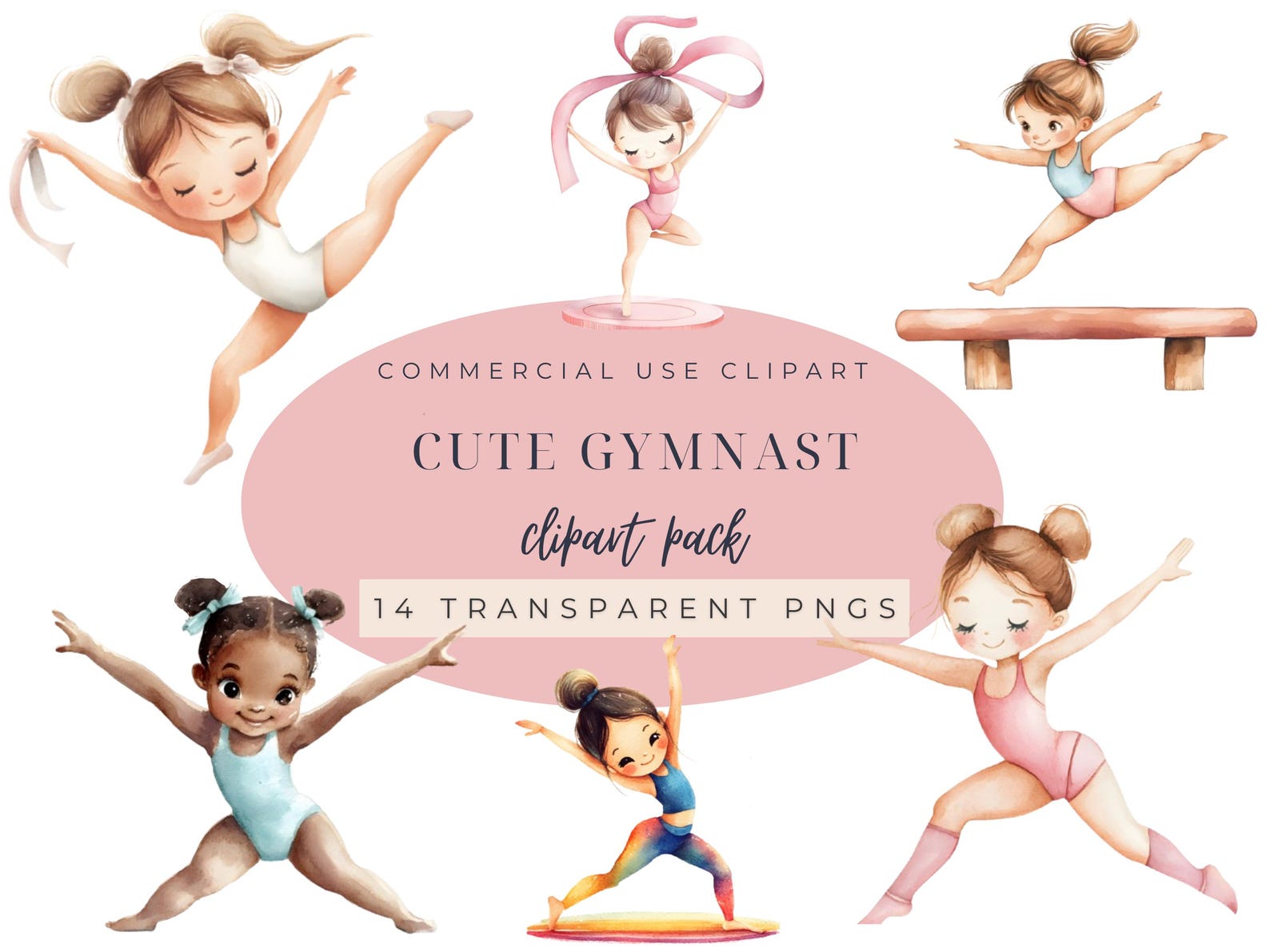Gymnastic Clipart for Kids, Cute Girl Gymnastics, Digital Art, Perfect for Birthday Invitations ...