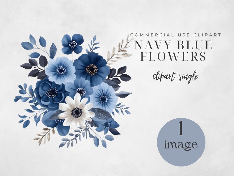Navy Blue Floral Clipart, Watercolor Flower Graphics for Wedding ...