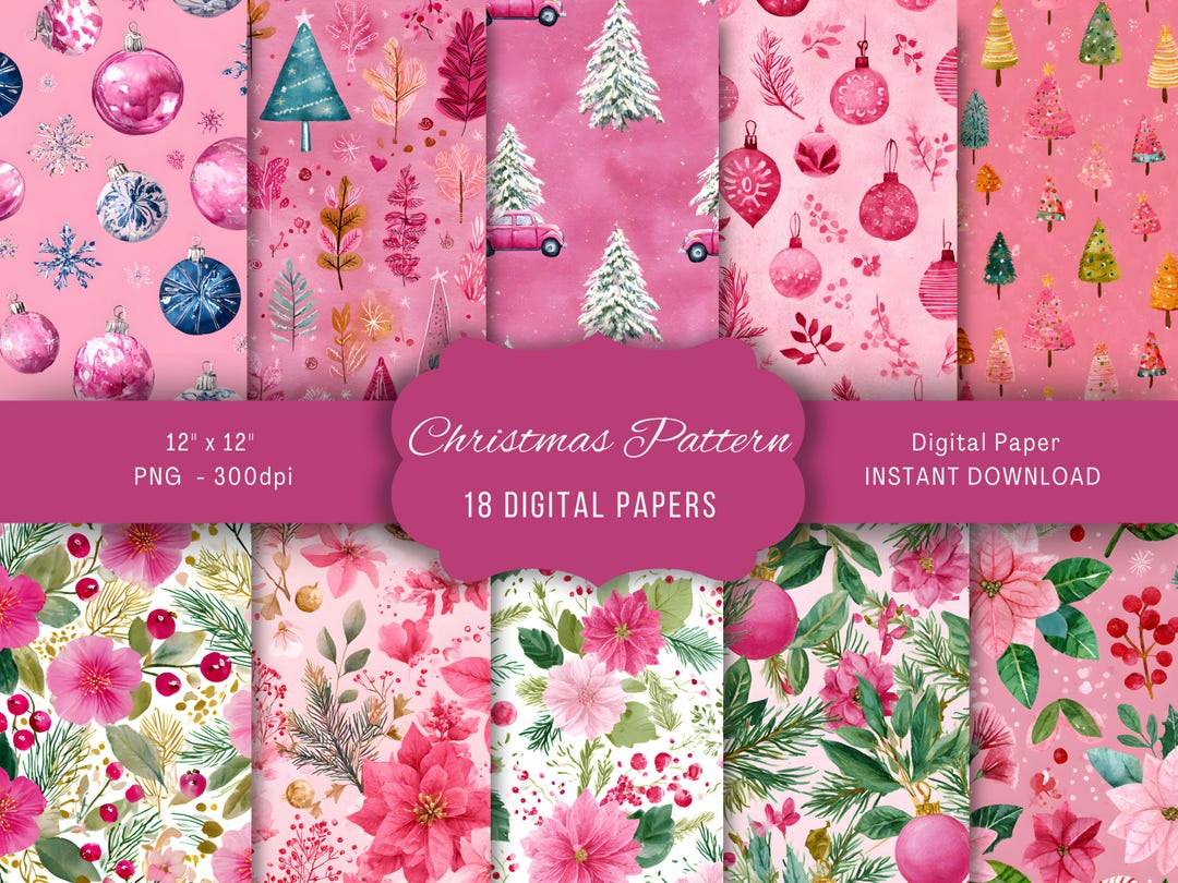 Pink Christmas Patterns, Pink Retro Digital Papers, Vintage Seamless ...