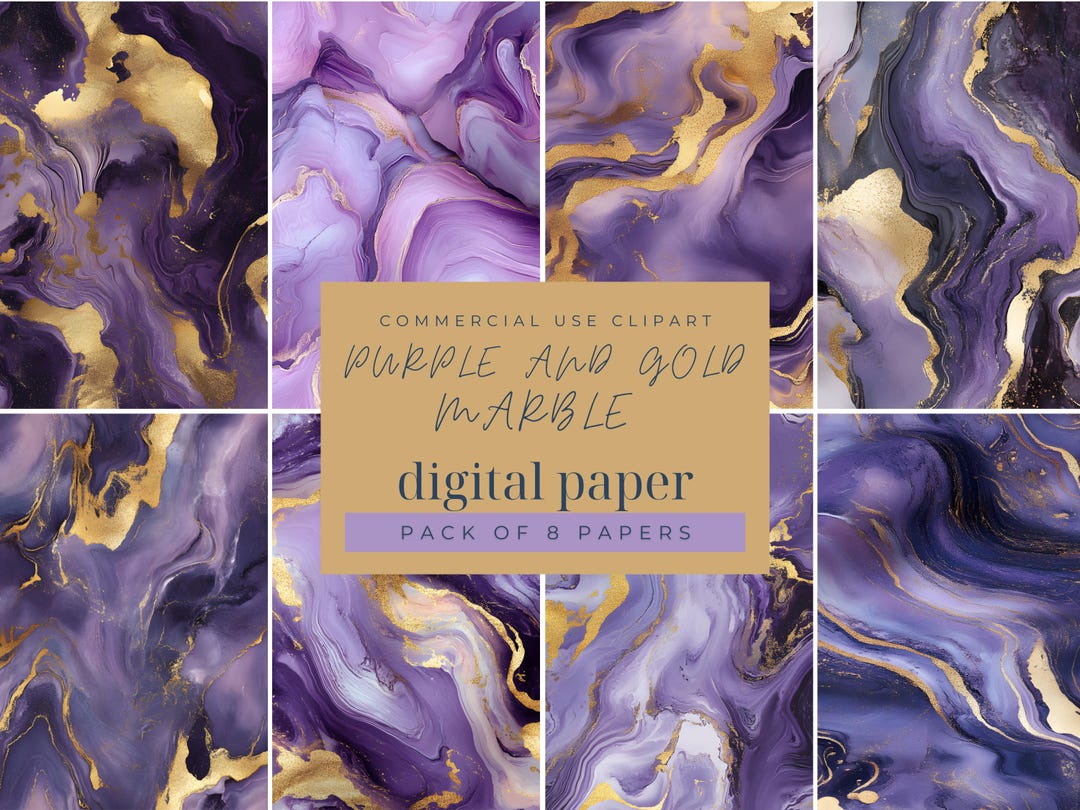 Purple and Gold Marble Digital Paper, Seamless Patterns, Lilac Violet ...