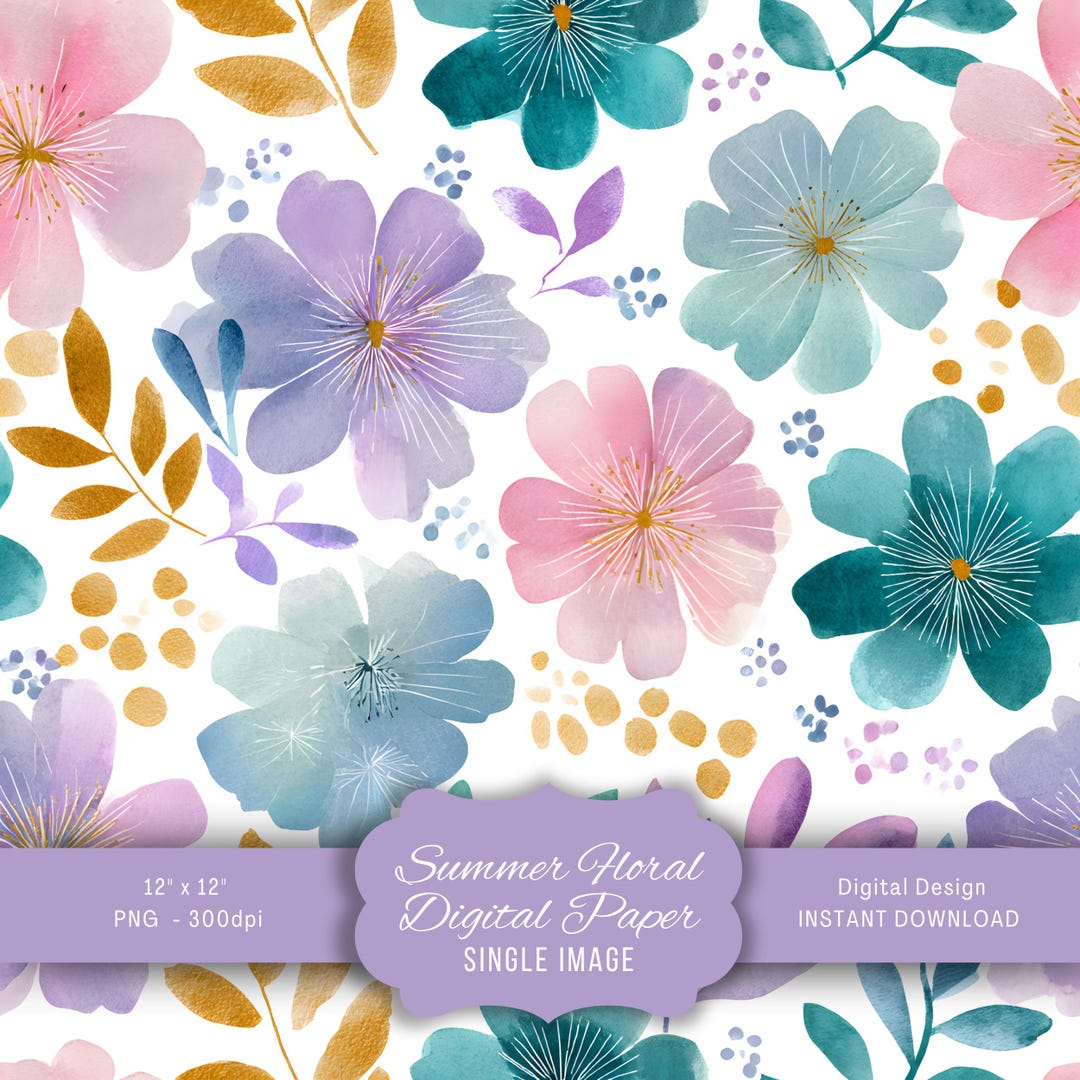 Watercolor Flowers Digital Paper, Seamless Floral Pattern for ...